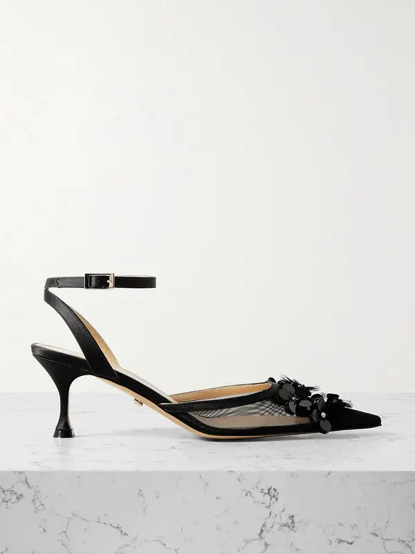Mach & Mach Satin-trimmed Embellished Mesh Pumps