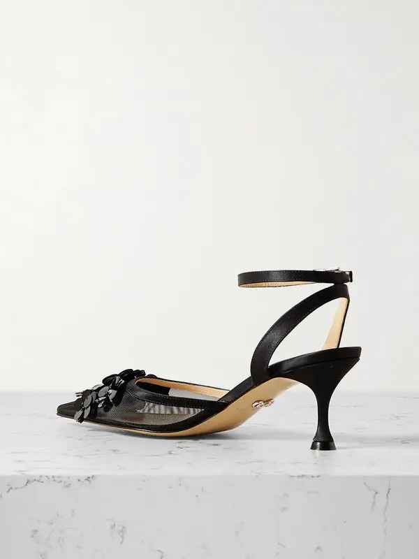 Mach & Mach Satin-trimmed Embellished Mesh Pumps