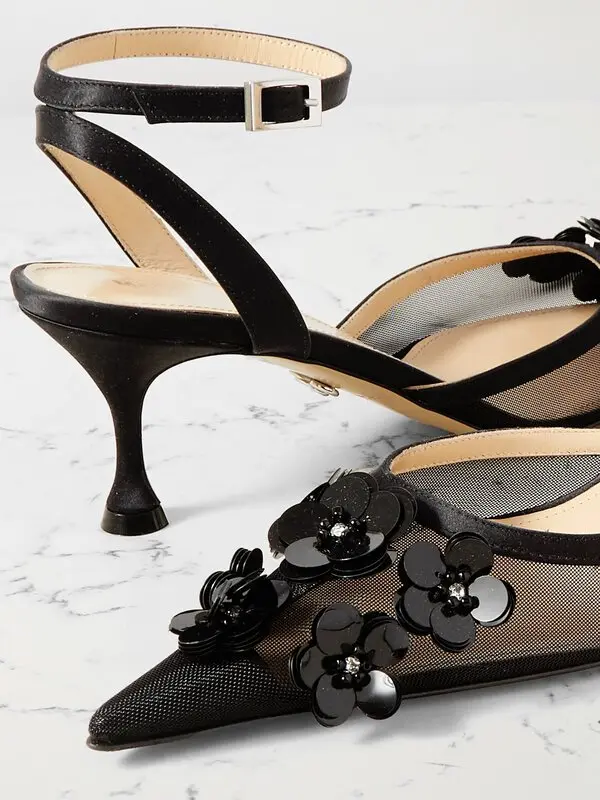 Mach & Mach Satin-trimmed Embellished Mesh Pumps