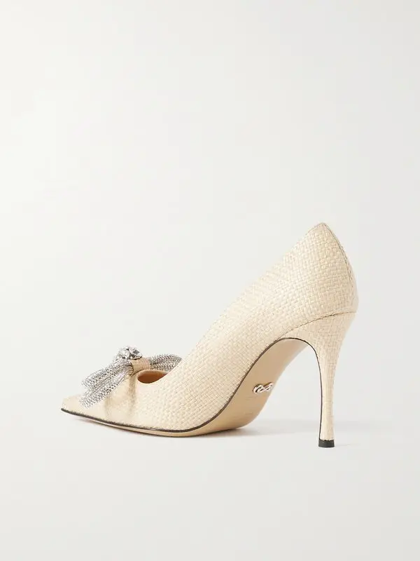 Mach & Mach Double Bow Crystal-embellished Raffia Pumps