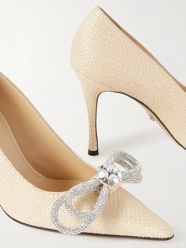 Mach & Mach Double Bow Crystal-embellished Raffia Pumps