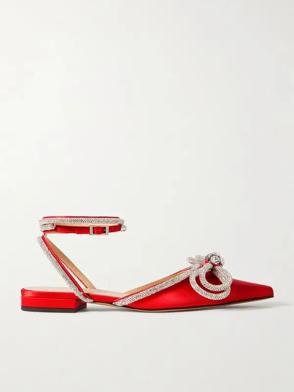 Mach & Mach Double Bow Crystal-embellished Point-toe Flats - Red