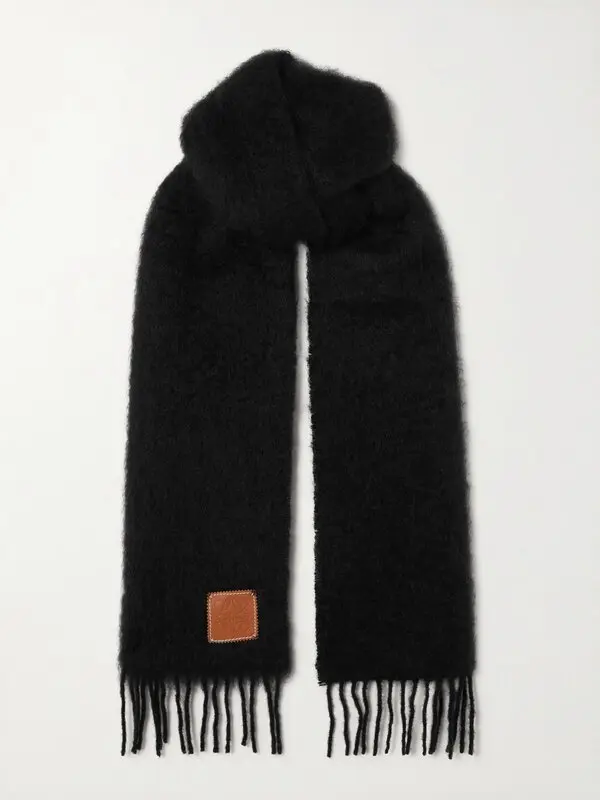 Loewe Fringed Leather-trimmed Mohair-blend Scarf - Black