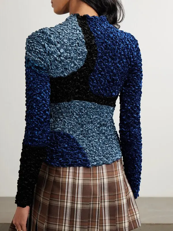 Sea Malene Smocked Patchwork Crushed-velvet Top