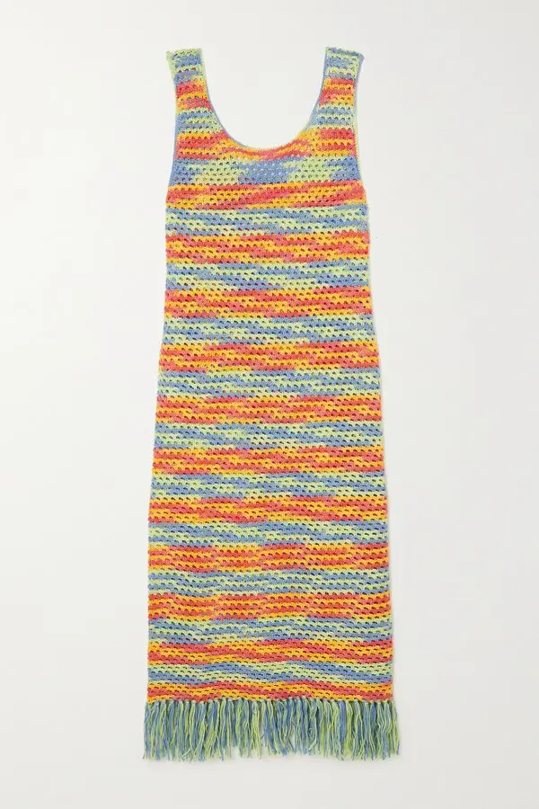 THE ELDER STATESMAN Bridle Fringed Crocheted Cotton Midi Dress - Multi