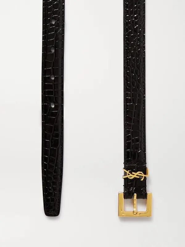 Saint Laurent Cassandre Embellished Croc-effect Leather Belt
