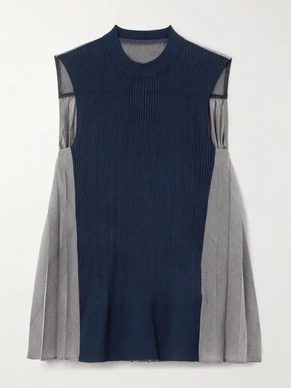 Sacai Paneled Ribbed Cotton-blend And Pleated Checked Voile Top - Blue