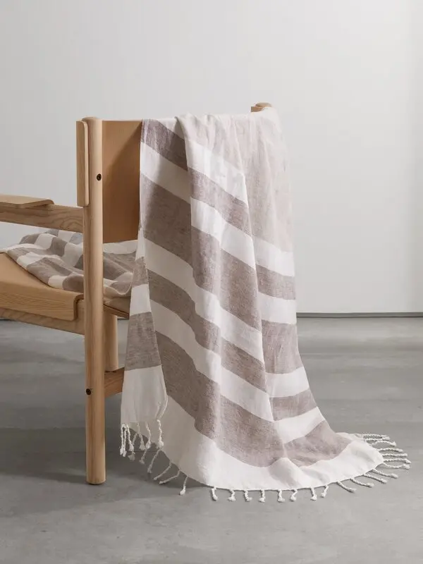 Brunello Cucinelli Fringed Striped Linen-blend Blanket - Brown