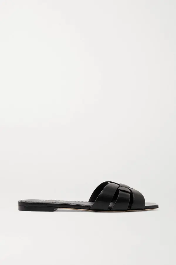 Saint Laurent Tribute Woven Leather Slides - Black