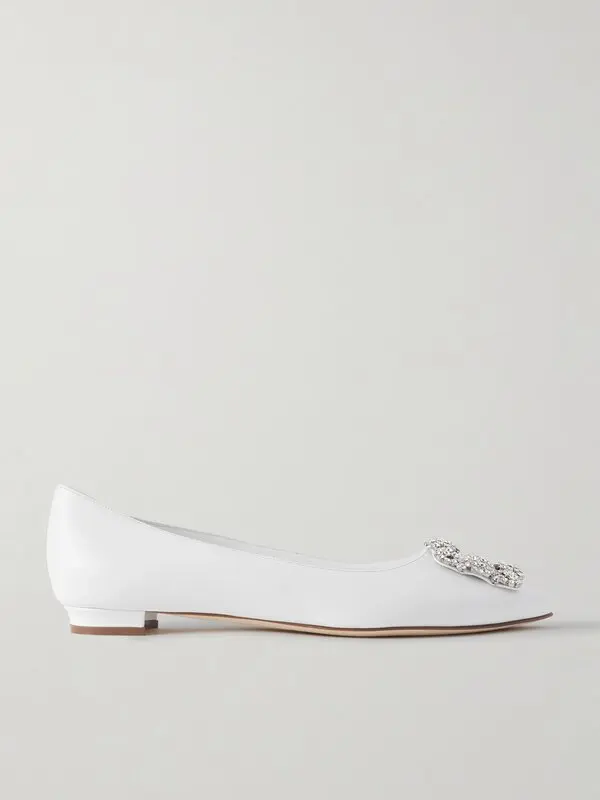 Manolo Blahnik Hangisi 10 Crystal-embellished Leather Flats - White