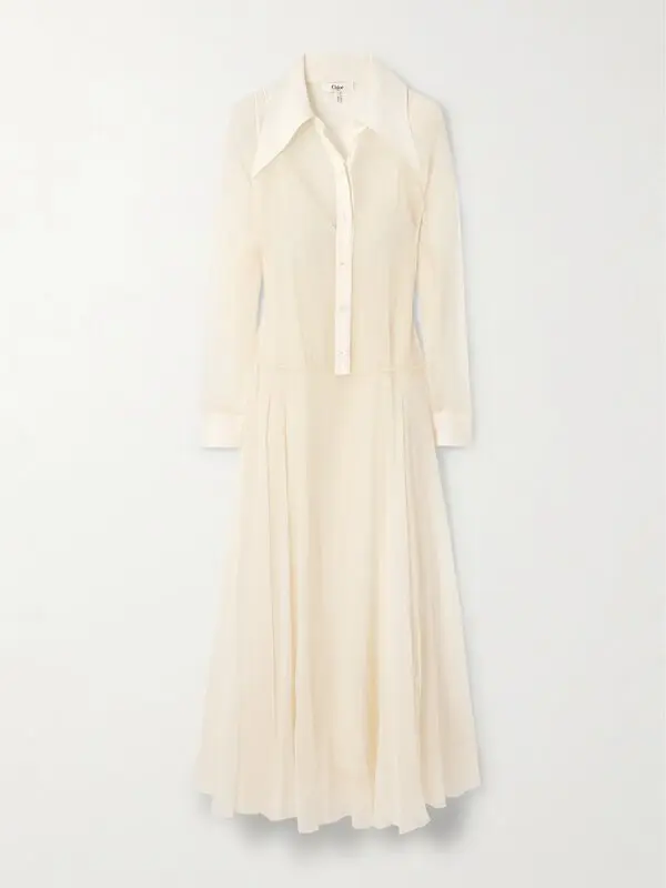 Chloé Pleated Organic Silk-mousseline Midi Shirt Dress - White