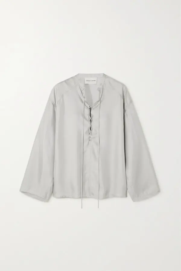 Loulou De Saison Zamia Lace-up Silk-twill Blouse - Silver