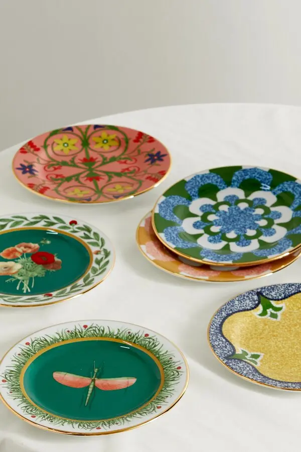 La DoubleJ Set Of Six 20cm Gold-plated Porcelain Dessert Plates - Green
