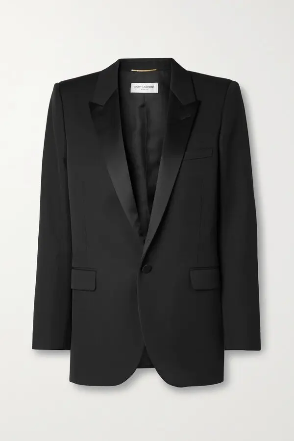 Saint Laurent Tube Satin-trimmed Grain De Poudre Wool Blazer