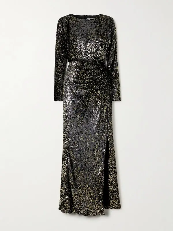 Simkhai Angelique Ruched Metallic Fil Coupé Velvet Gown - Black