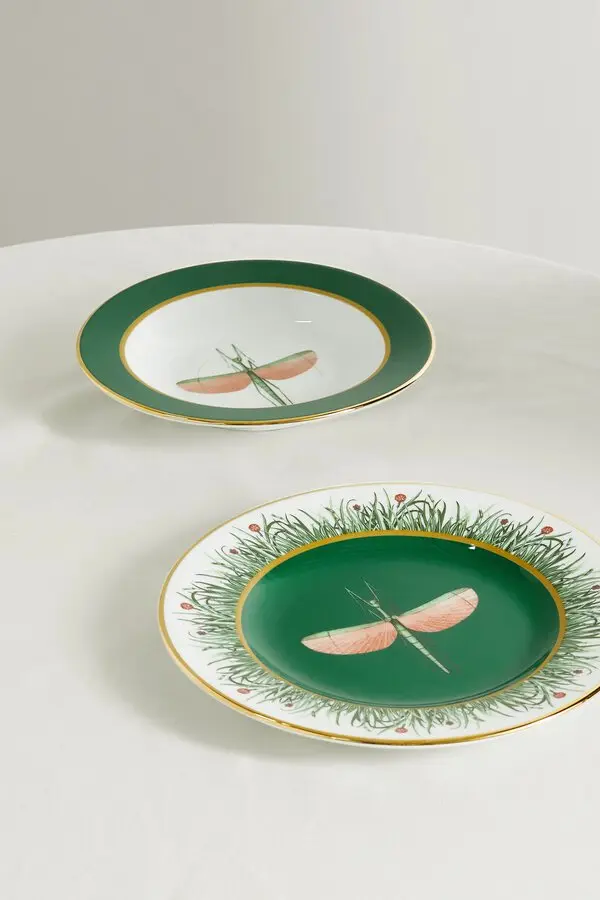 La DoubleJ Gold-plated Porcelain Soup Bowl And Dinner Plate Set - Green