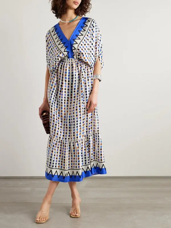 LEMLEM Leila Gathered Printed Ecovero™-blend Satin Midi Dress