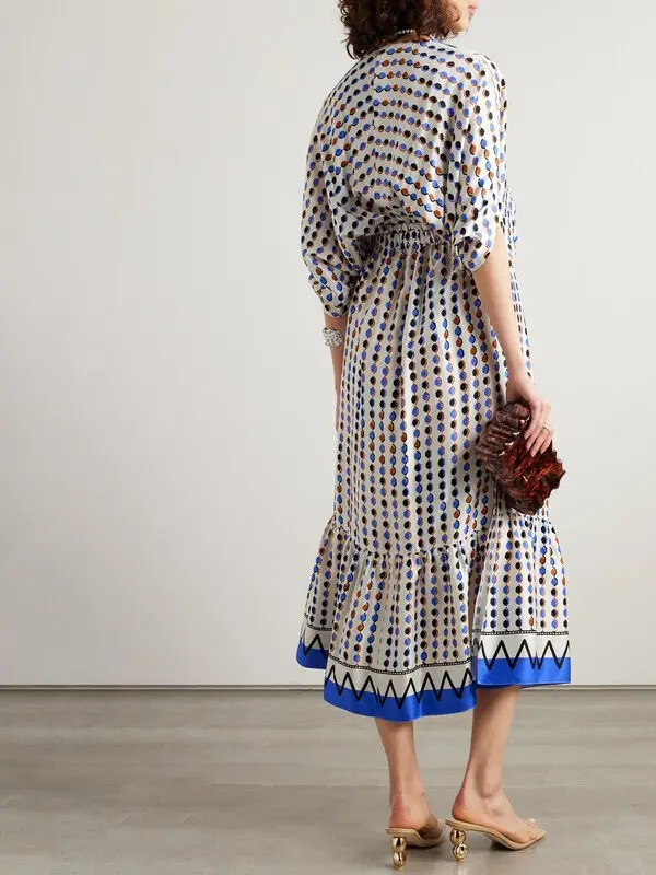 LEMLEM Leila Gathered Printed Ecovero™-blend Satin Midi Dress