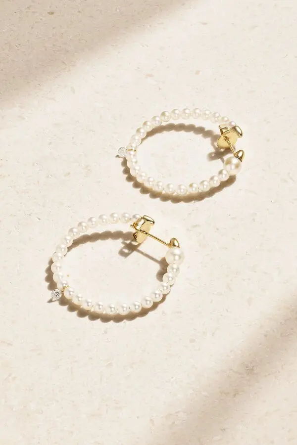 Mizuki 14-karat Pearl And Diamond Hoop Earrings - Gold