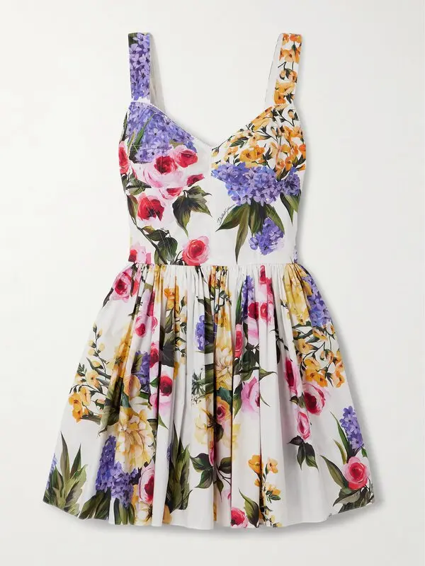 Dolce & Gabbana Pleated Floral-print Stretch Cotton-poplin Mini Dress - White