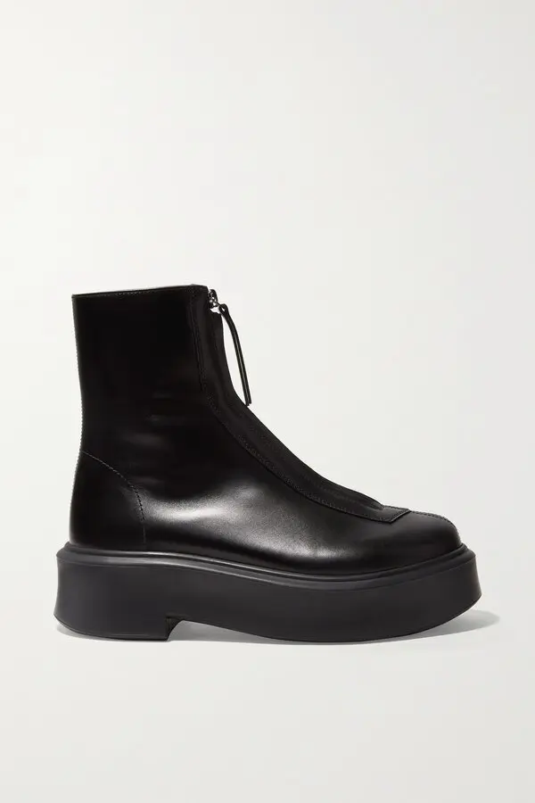 THE ROW Leather Zip Up Ankle Boots - Black