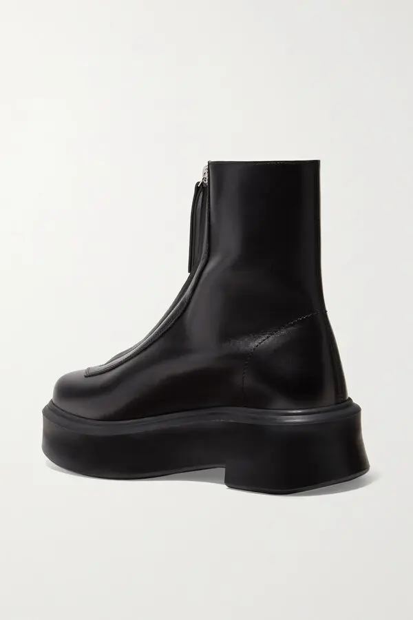 THE ROW Leather Zip Up Ankle Boots - Black