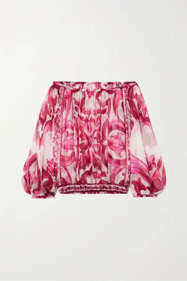Dolce & Gabbana Maiolica Off-the-shoulder Printed Silk-georgette Top
