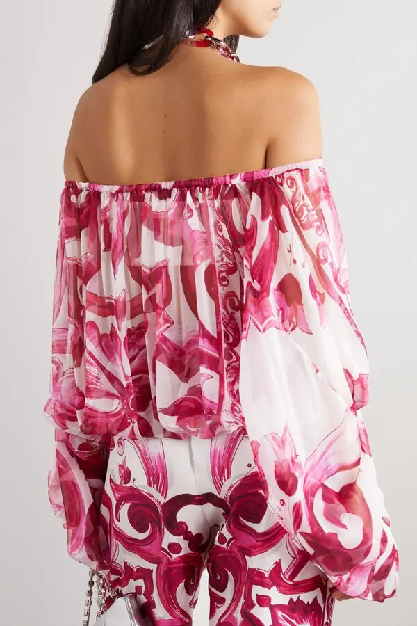 Dolce & Gabbana Maiolica Off-the-shoulder Printed Silk-georgette Top