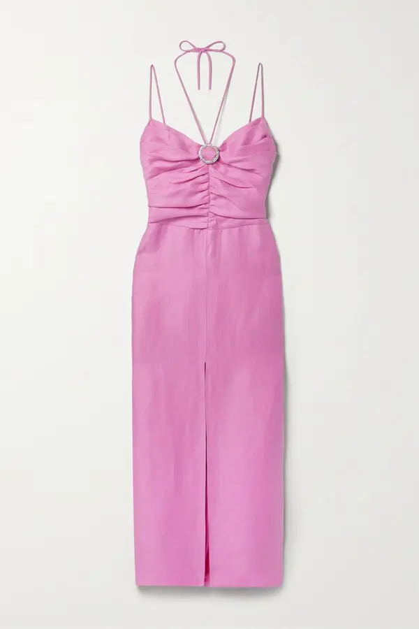 RASARIO Crystal-embellished Linen-blend Midi Dress - Pink