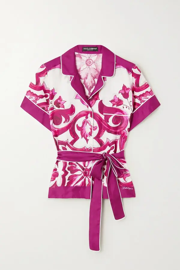 Dolce & Gabbana Maiolica Belted Piped Printed Silk-twill Shirt