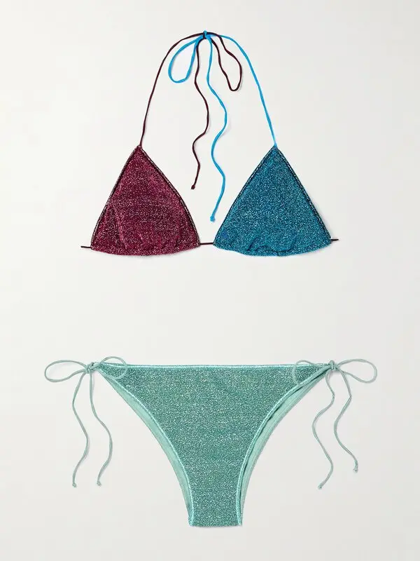 Oseree Lumière Color-block Lurex Halterneck Triangle Bikini - Blue