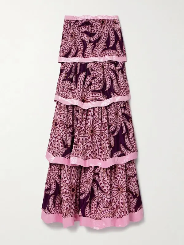 Farm Rio Strapless Tiered Printed Maxi Dress - Burgundy