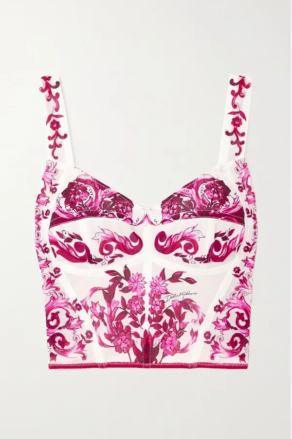 Dolce & Gabbana Floral-print Mesh Bustier Top - Pink