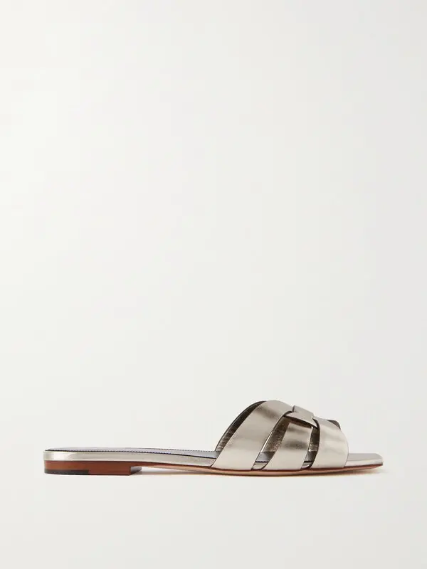 Saint Laurent Tribute Woven Metallic Leather Slides - Silver