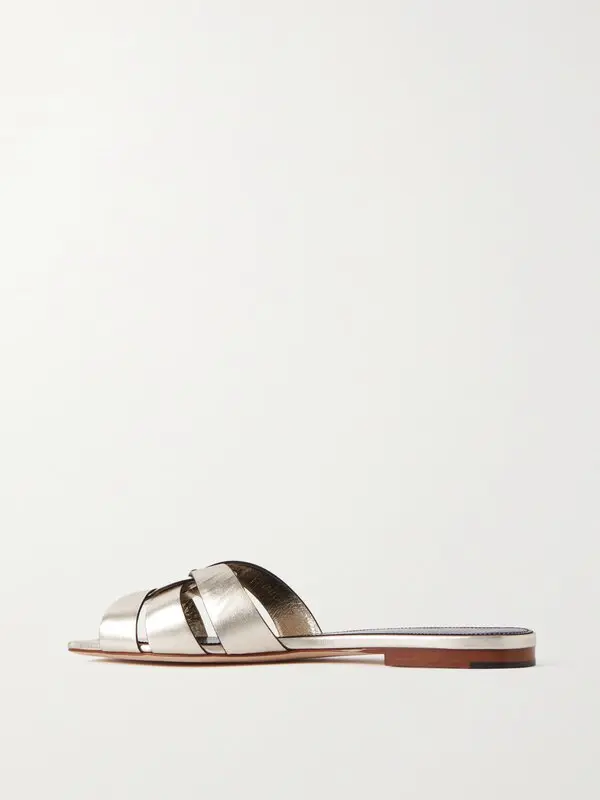 Saint Laurent Tribute Woven Metallic Leather Slides - Silver