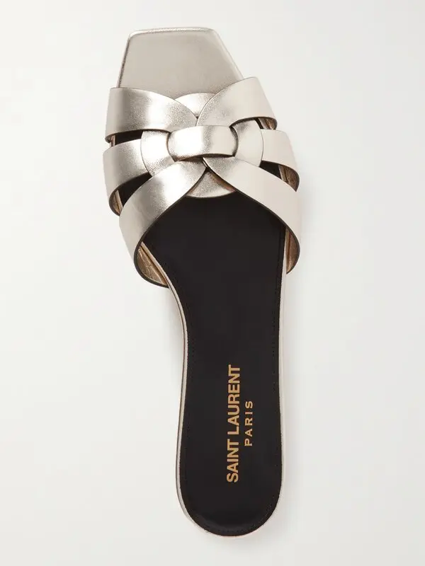 Saint Laurent Tribute Woven Metallic Leather Slides - Silver