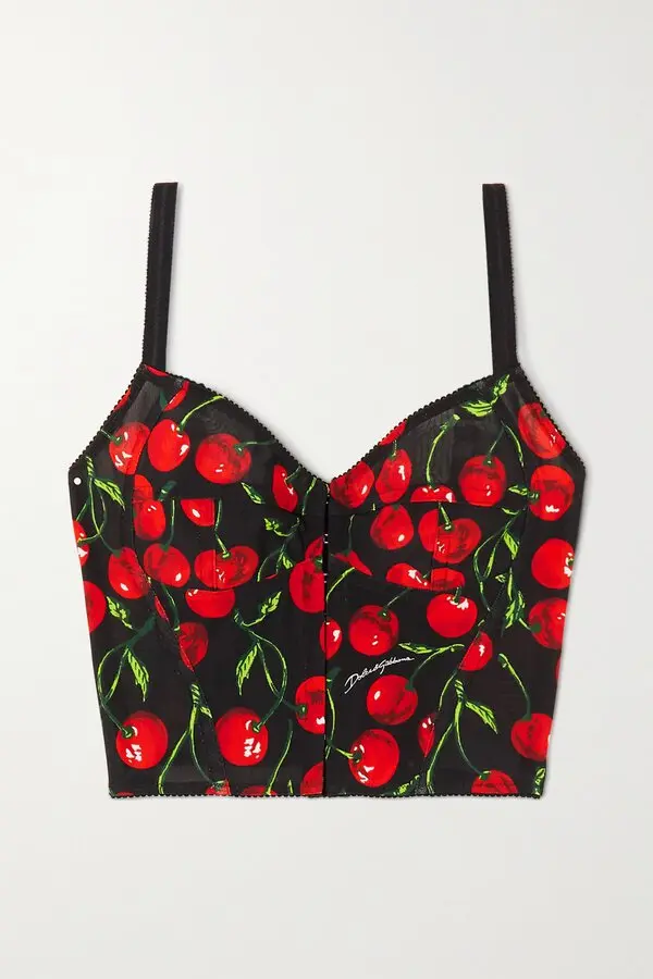 Dolce & Gabbana Cropped Printed Stretch-tulle Bustier Top - Red