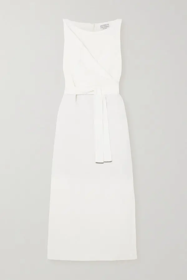 Brunello Cucinelli Crepe Midi Wrap Dress - White