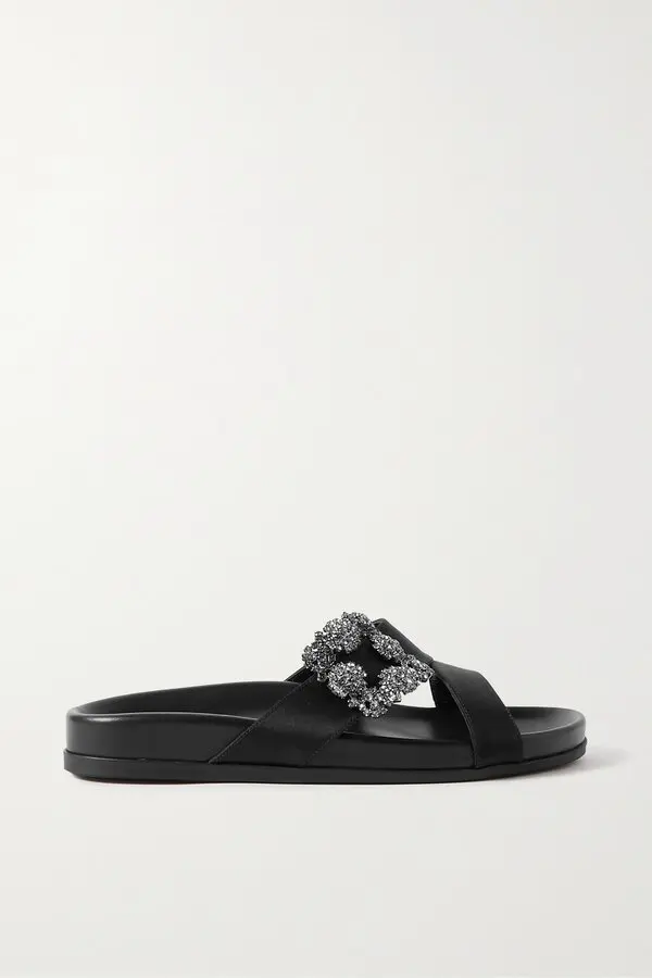 Manolo Blahnik Chilanghi Buckled Satin Slides - Black