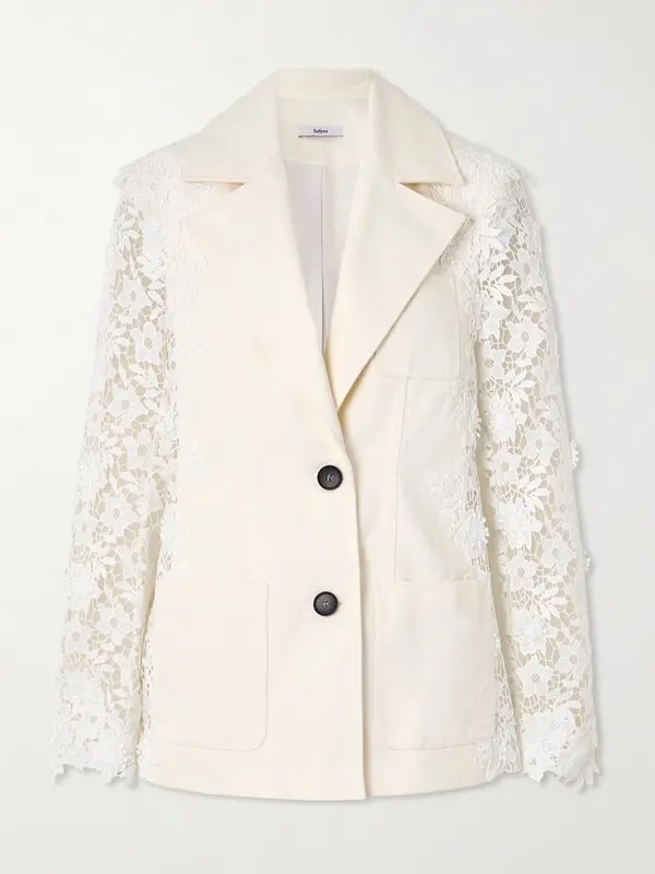 Safiyaa Cannis Cotton-drill Blazer With Guipure-lace Sleeves