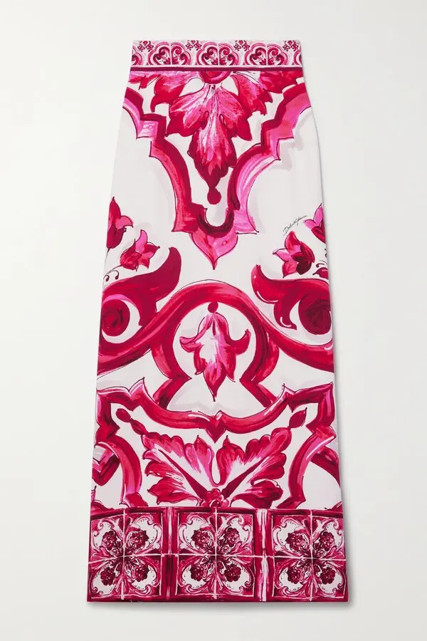 Dolce & Gabbana Maiolica Printed Silk-blend Crepe De Chine Midi Skirt - Pink