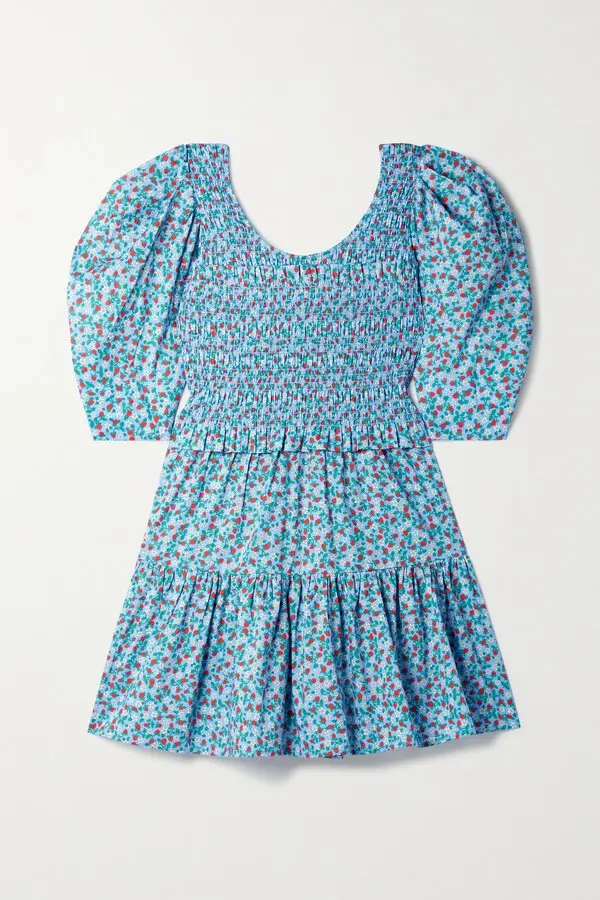 Sea Lilly Ruffled Smocked Printed Mini Dress - Blue