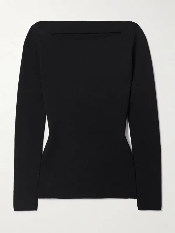 Another Tomorrow Net Sustain Cutout Knitted Top - Black