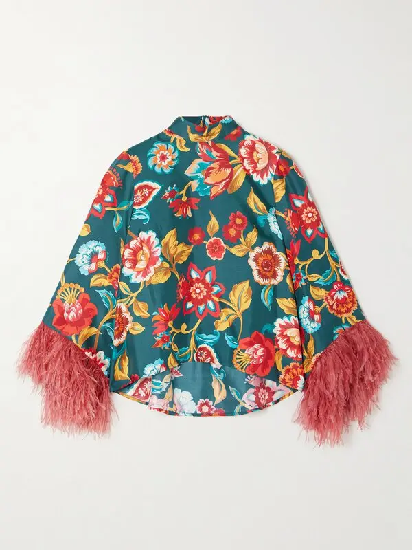 La DoubleJ Feather-trimmed Floral-print Silk-twill Top