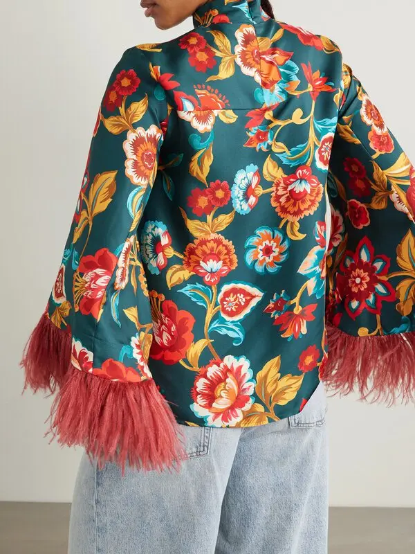 La DoubleJ Feather-trimmed Floral-print Silk-twill Top