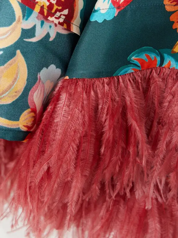 La DoubleJ Feather-trimmed Floral-print Silk-twill Top