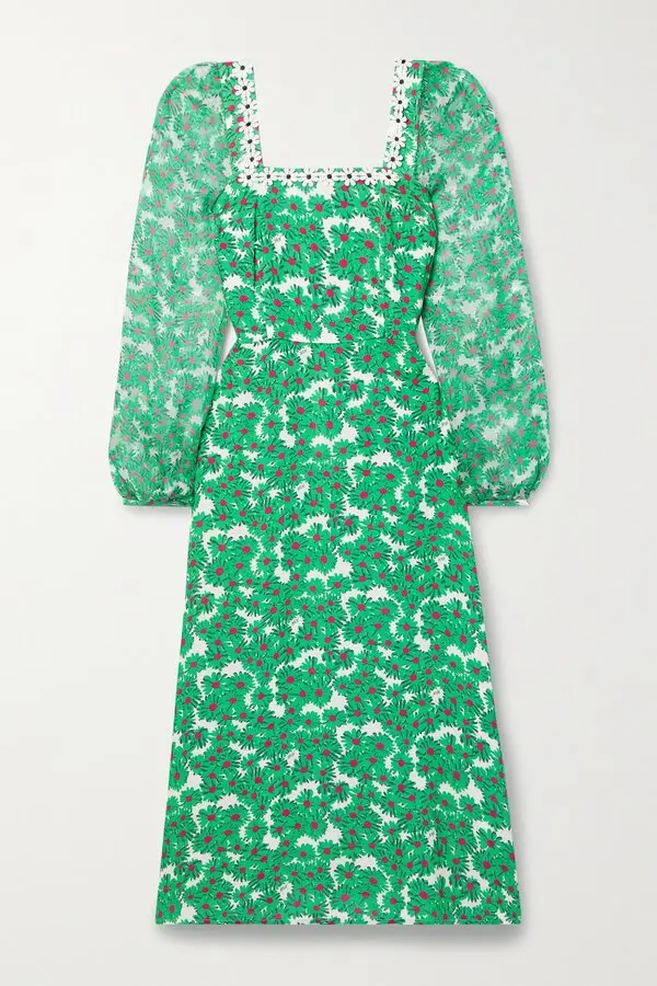 HVN Matilda Floral-print Voile Midi Dress - Green