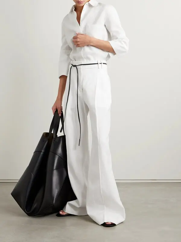Another Tomorrow Pleated Linen Wide-leg Trousers - White