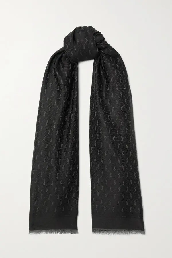 Saint Laurent Fringed Wool, Cotton And Silk-blend Jacquard Scarf - Black
