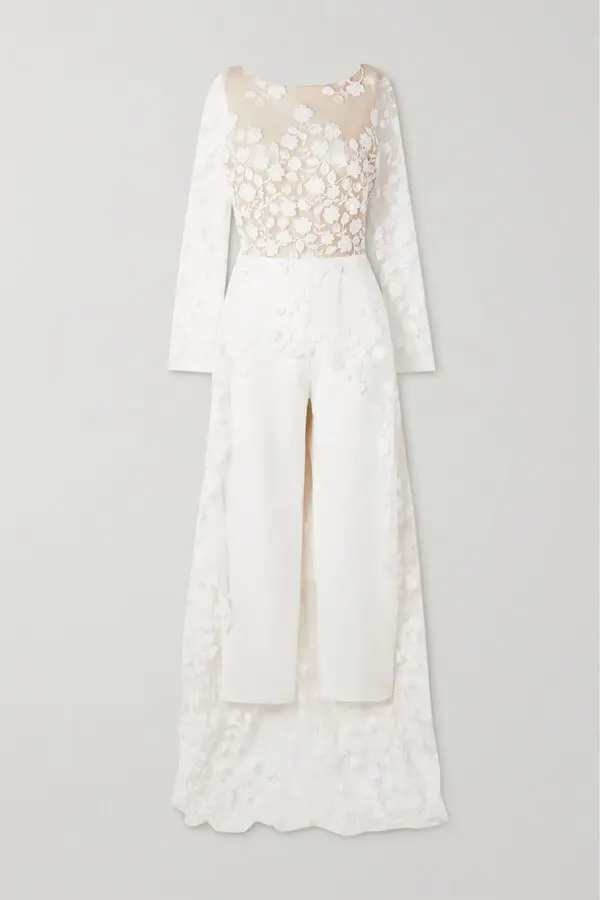 Rime Arodaky Patsy Lace-trimmed Embroidered Tulle And Crepe Jumpsuit - White